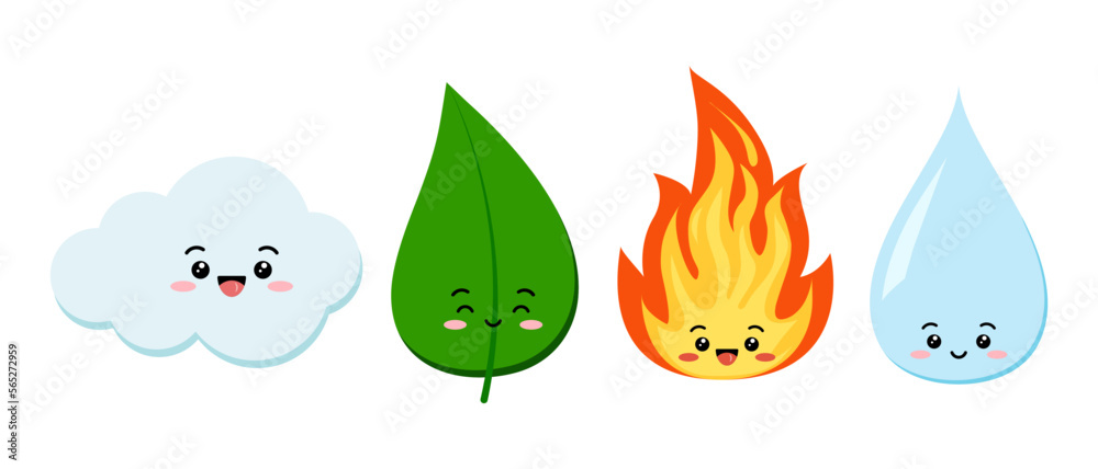 Fire flame water drop leaf and cloud cute emoji character isolated on a ...
