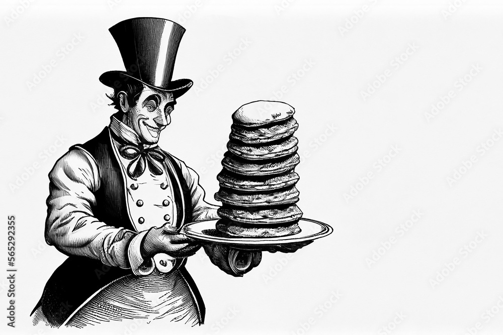 Cartoon line drawing of a Victorian gentleman carrying pancakes on ...