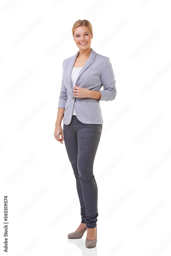 Full length of a beautiful blonde standing and posing with a smile ...