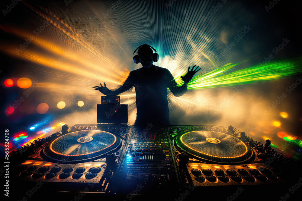 Generative AI illustration of a DJ with headphones playing music in a ...