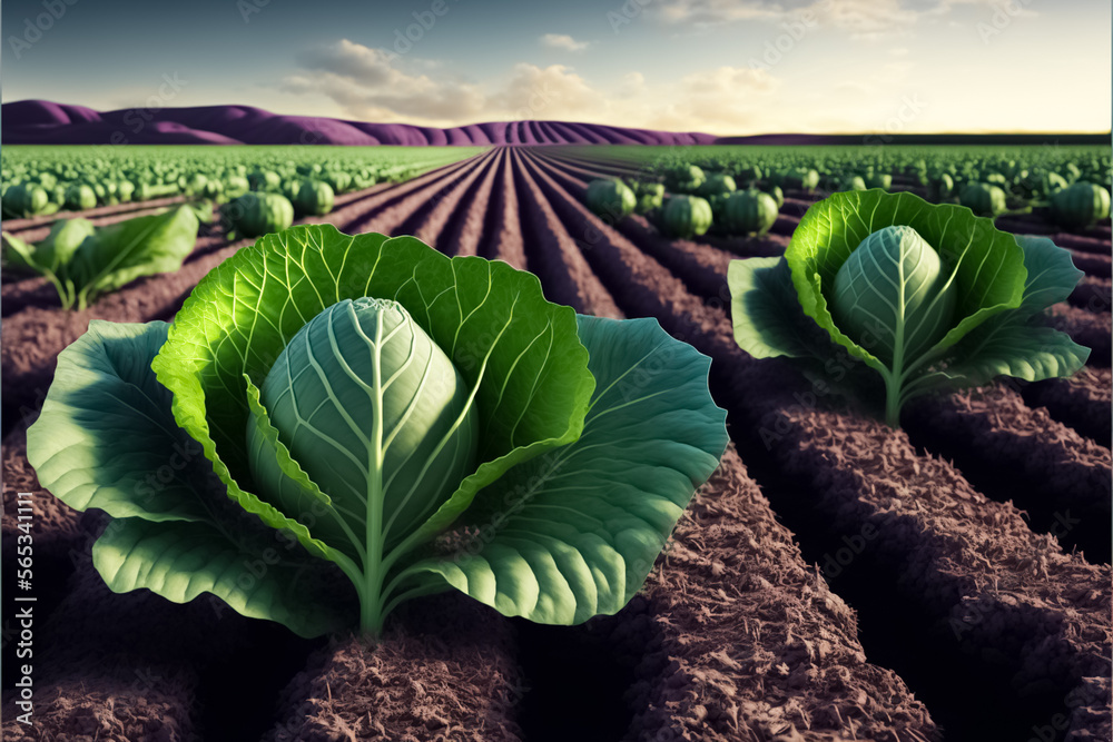 Cabbage plantations grow in the field. Background with a field of ...