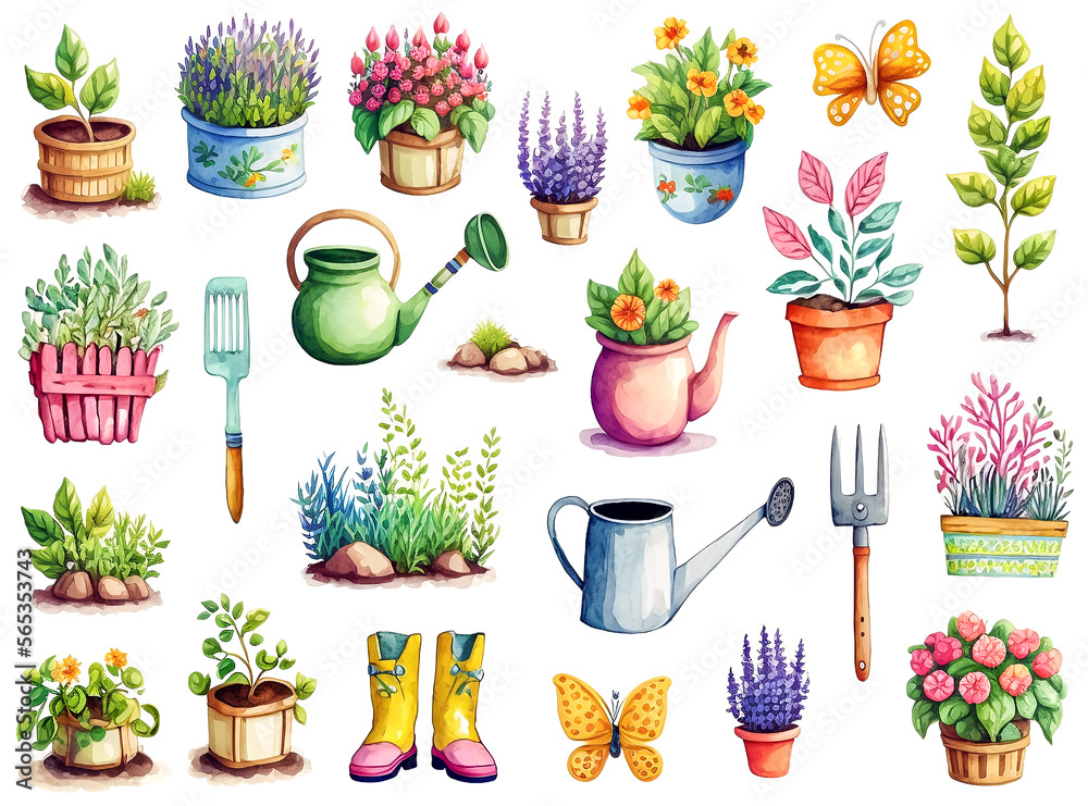 Watercolor set of gardening tools, flowers and plants Stock ...