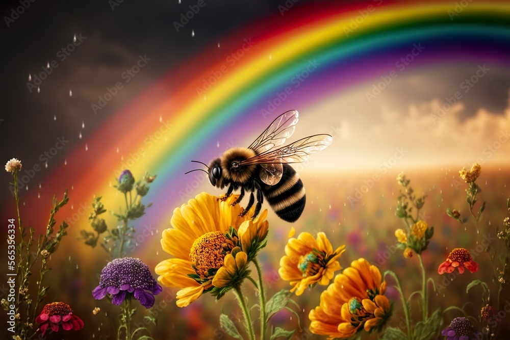 A field of flowers in full bloom with a rainbow in the background, with ...