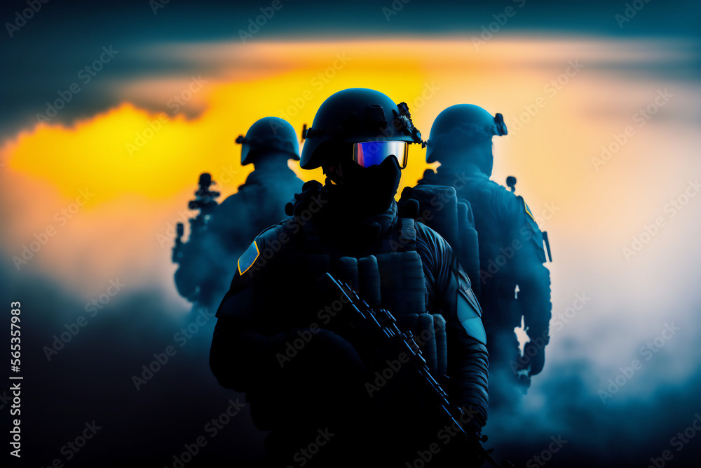 military 3 war soldiers - Special Forces in the fog - Ukraine flag ...