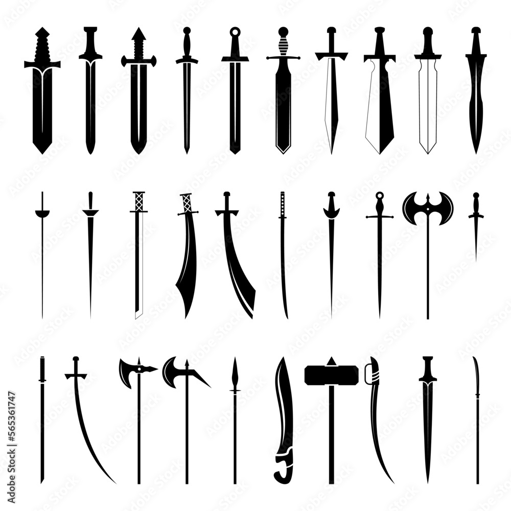 Swords Set. Collection of Knight Sword Ancient Weapon silhouettes ...