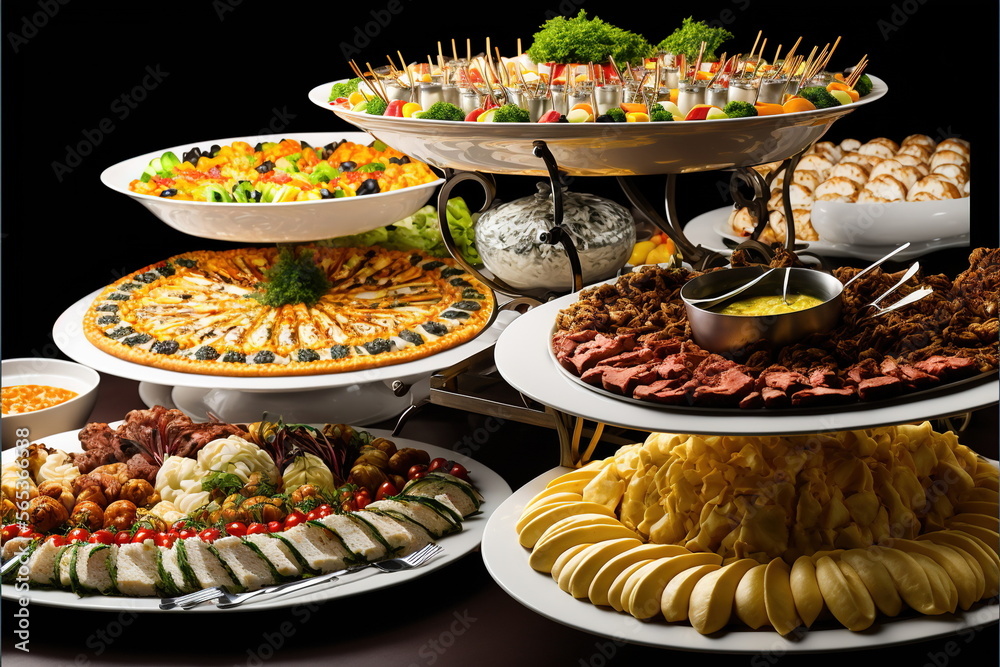 buffet food, catering food party at restaurant, mini canapes, snacks and appetizers, Made by AI ...