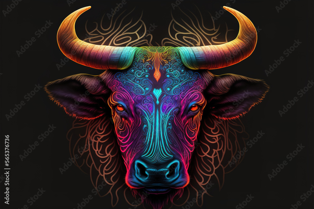 Neon bull head illustration with bright colors over dark background ...
