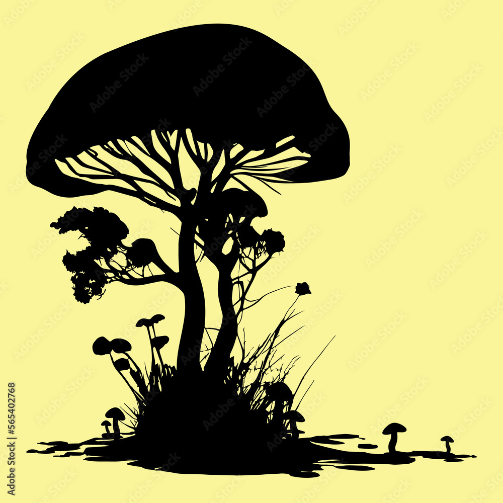 Vector art mushroom tree on a swamp. Isolated outline Stock Vector ...