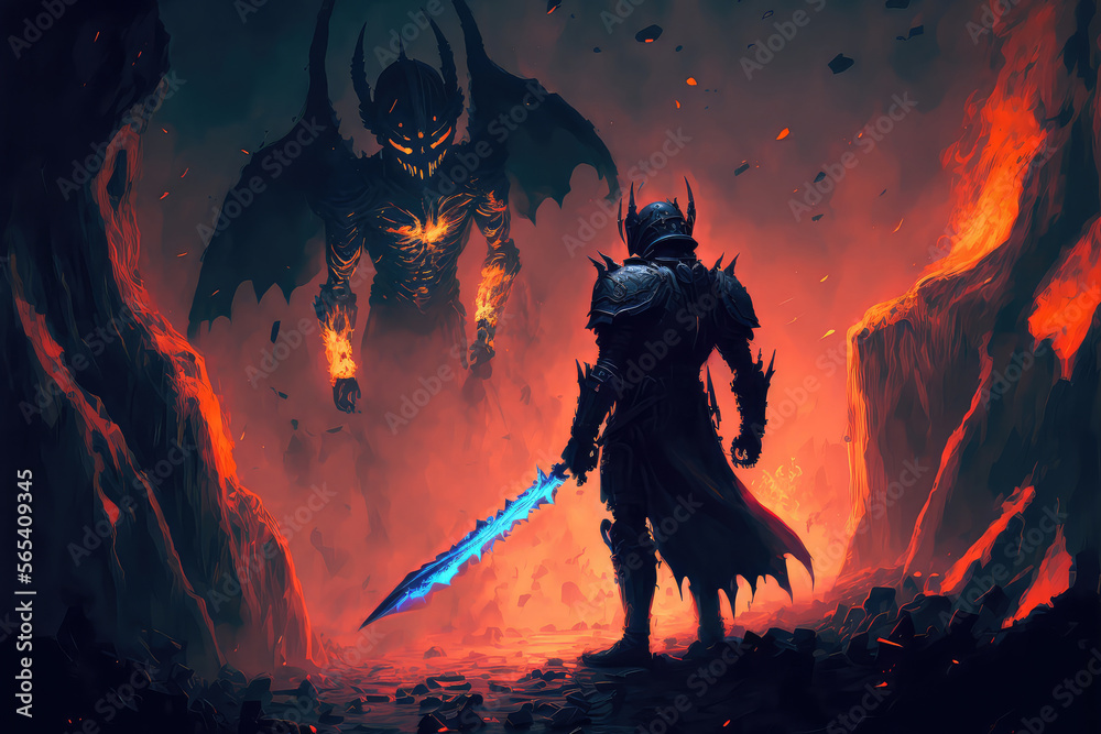 Digital illustration painting of knight with a sword facing the lava ...