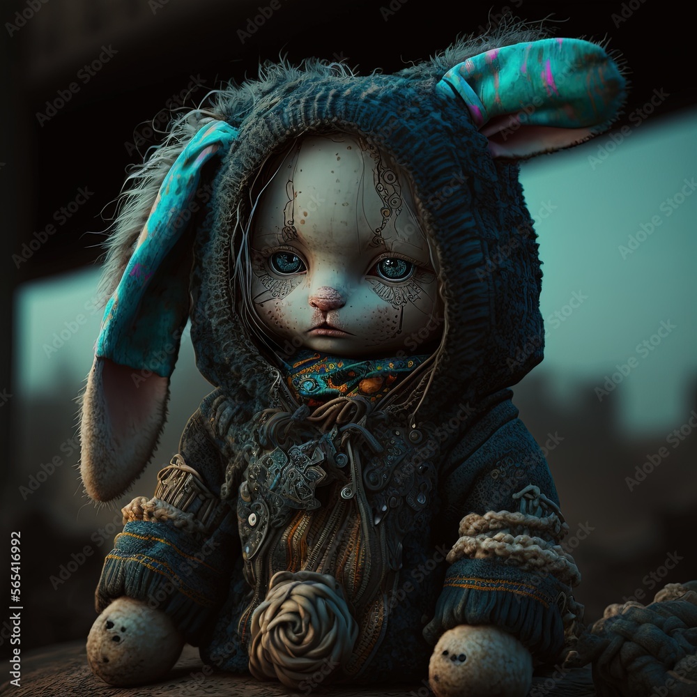 A cyberpunk post-apocalyptic porcelain bunny doll figure. Stock ...