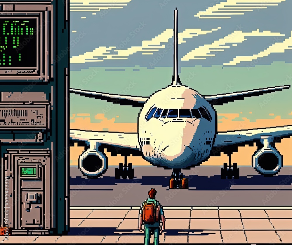 Pixel art airport with airplane, background in retro style for 8 bit ...