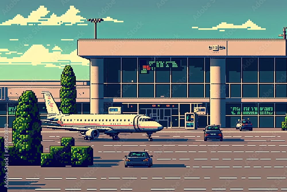 Pixel art airport with airplane, background in retro style for 8 bit ...