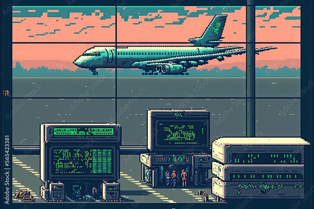 Pixel art airport with airplane, background in retro style for 8 bit ...