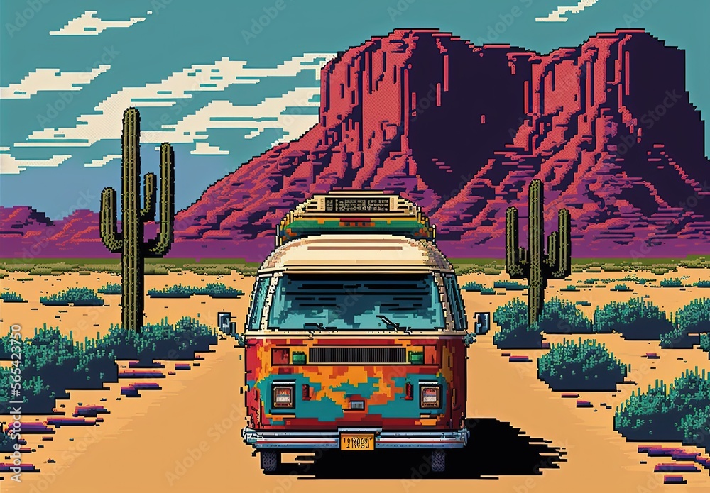 Pixel art hippie van on desert road, background in retro style for 8 ...