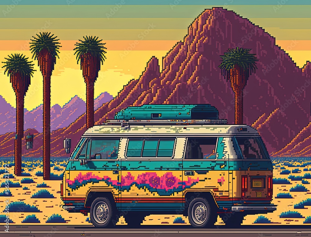 Pixel art hippie van on desert road, background in retro style for 8 ...