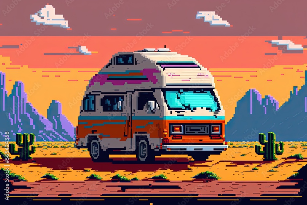 Pixel art hippie van on desert road, background in retro style for 8 ...