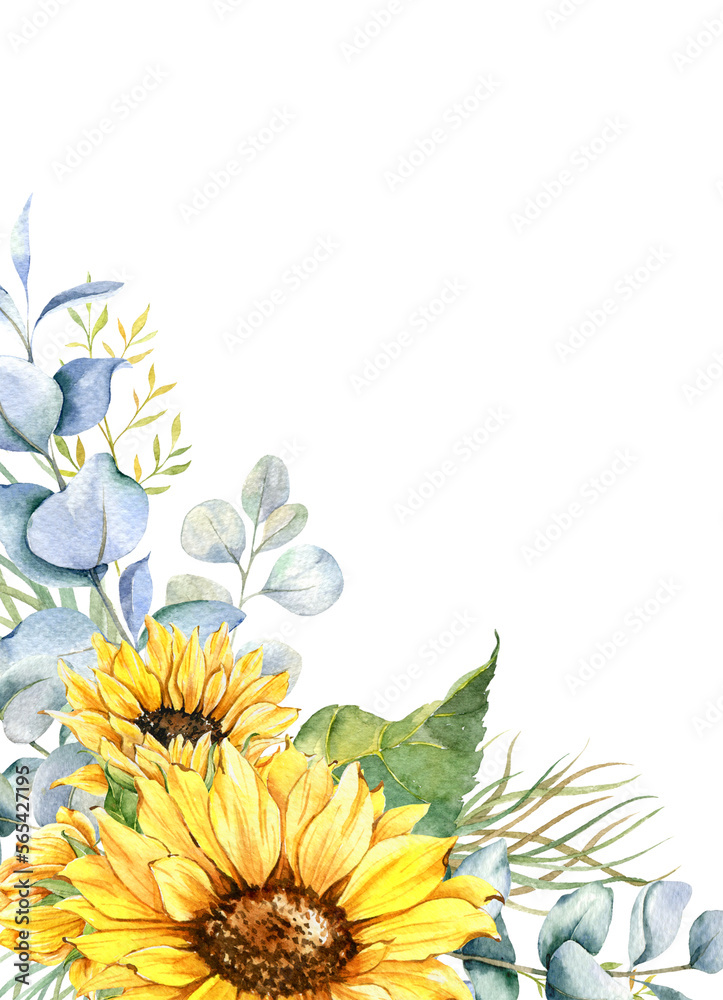 Sunflower Wedding Invitation frame watercolor. Floral frame for wedding ...
