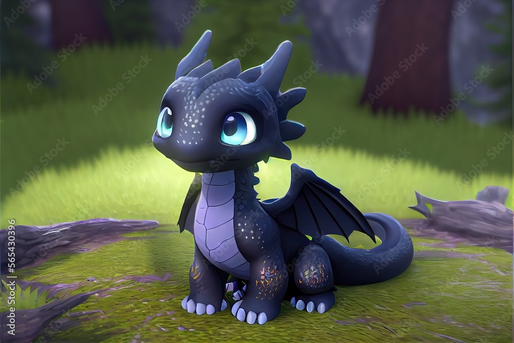 Colorful black baby dragon in a modern 3D animation style. Cute and adorable mythical creature ...