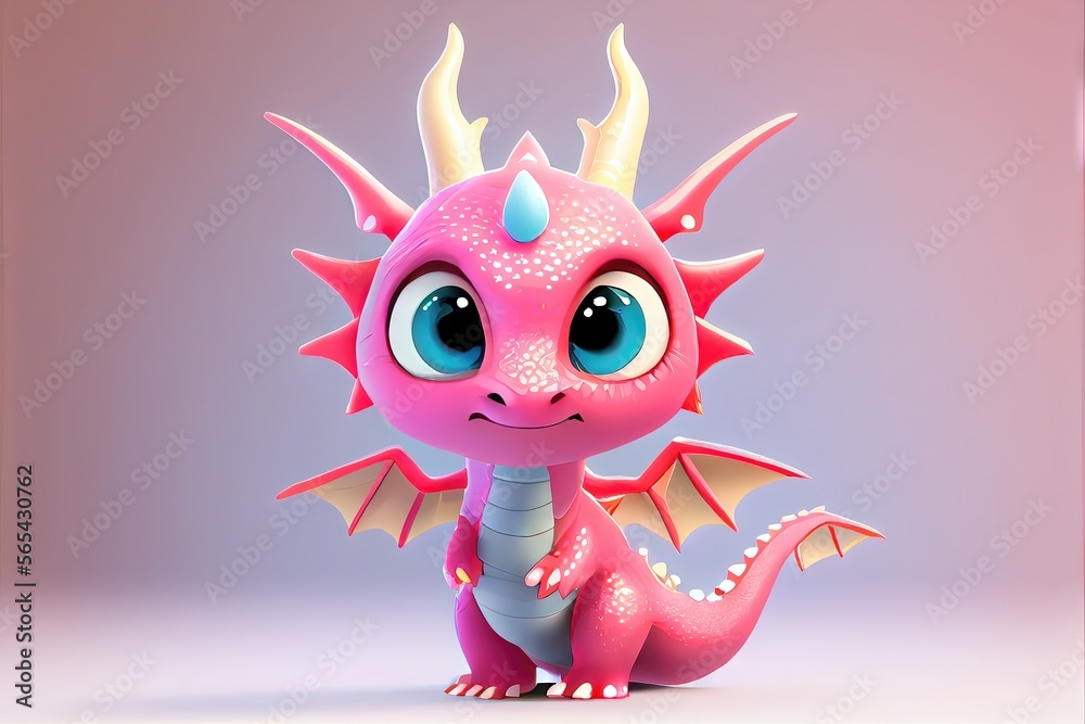 Colorful pink baby dragon in a modern 3D animation style. Cute and adorable mythical creature ...