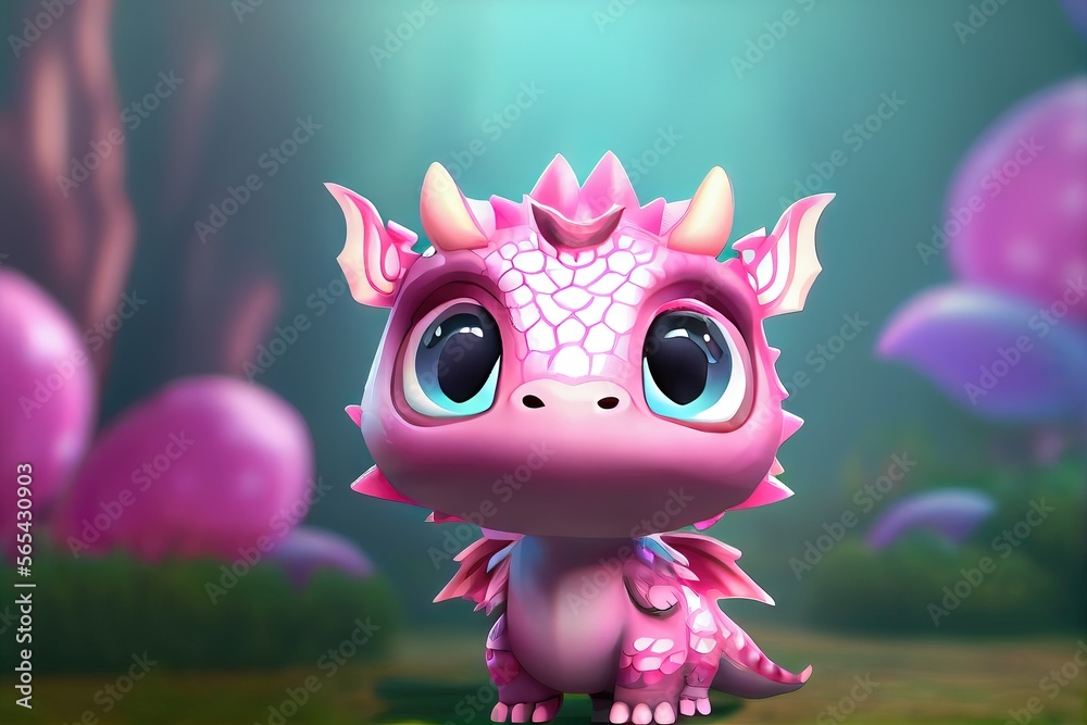 Colorful pink baby dragon in a modern 3D animation style. Cute and adorable mythical creature ...