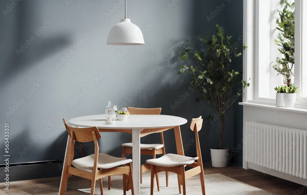 a dining room with a wooden table and chairs, a 3D render, by Johan ...