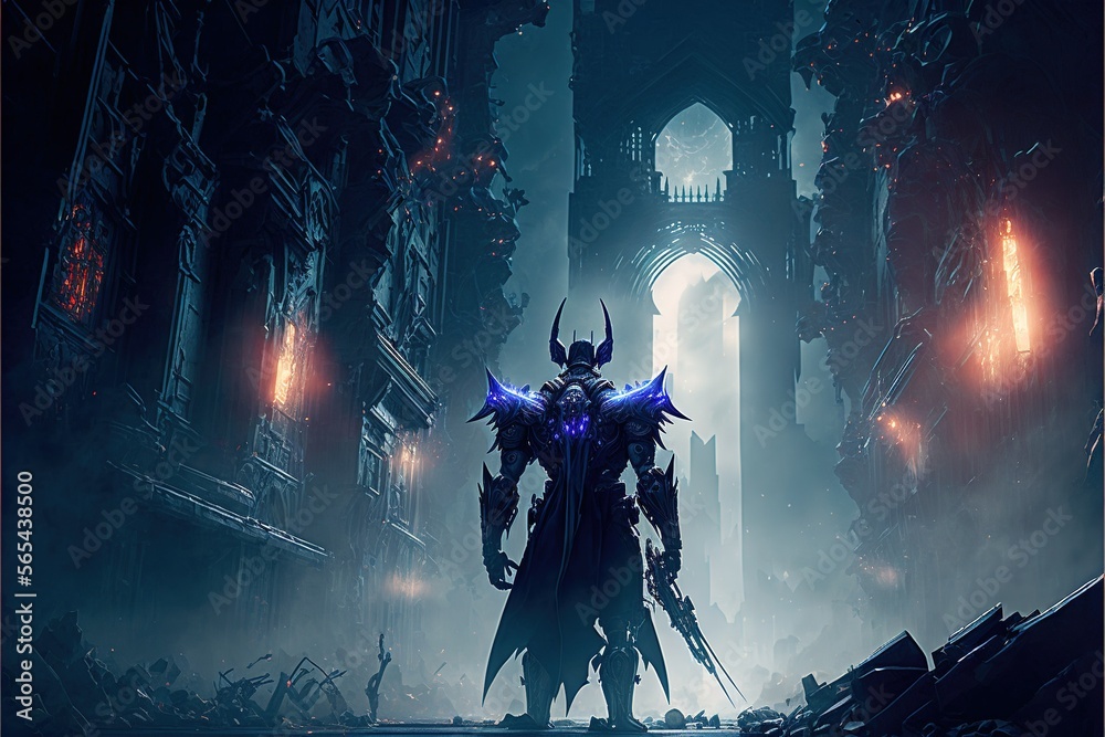 A modern fantasy world with and warrior standing at the entry gate with ...