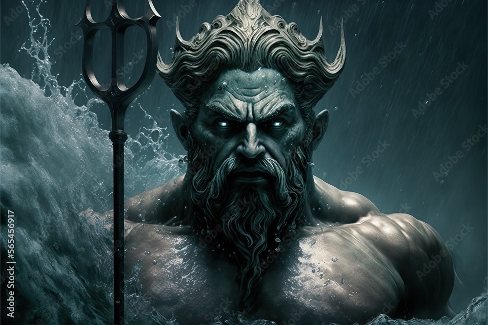 Poseidon, god of the sea, emerging from water with trident and fierce ...
