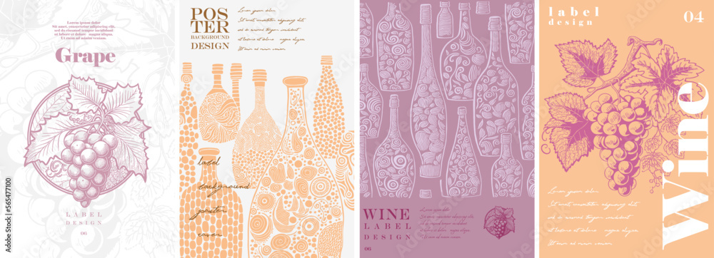 Wine. Grapes. Logo, label. Typography posters design. Simple pencil ...