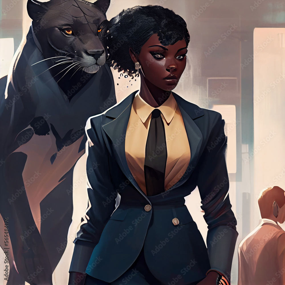 An animal nature of the business woman. A black panther is behind the ...