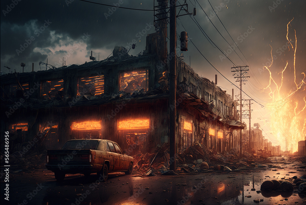 Apocalyptic view of burning city buildings, post apocalypse after world ...