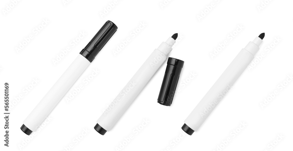 Set of black markers on white background, top view. School stationery ...