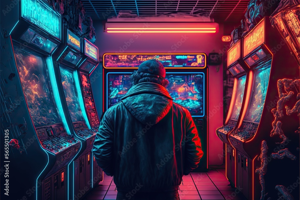 back view boy his retro gaming room with Arcade Machins ,80s vibes ...