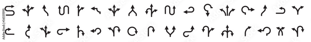 Way direction arrow sign collage.Road navigation arrows. Vector black ...