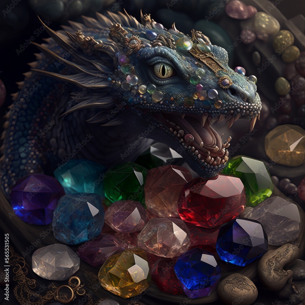 Fiery Dragon Hoarding Precious Gems in Dark Fantasy World, Mythical ...