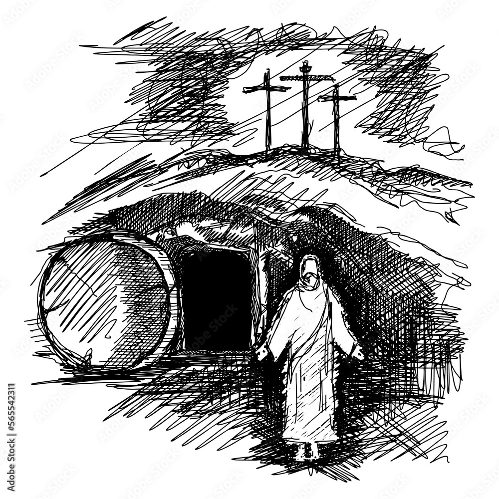 Hand-drawn vector illustration for Easter. The resurrected Jesus Christ ...