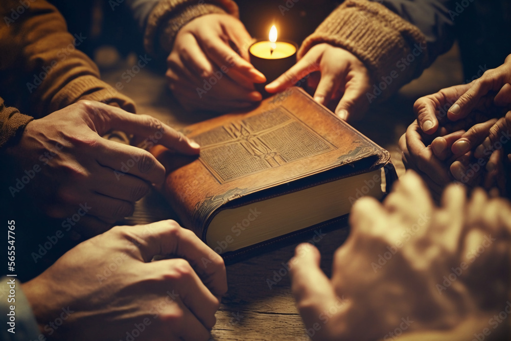 Christian group are praying to god with the bible. Non-existent person ...