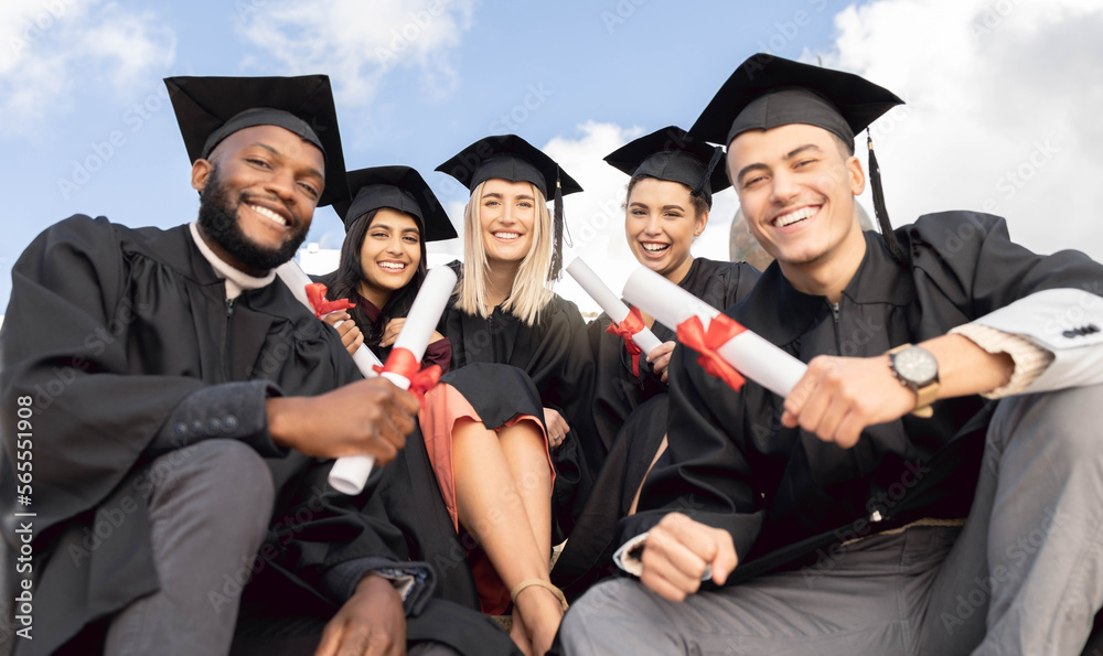 Graduation, group portrait and students celebrate success on sky ...