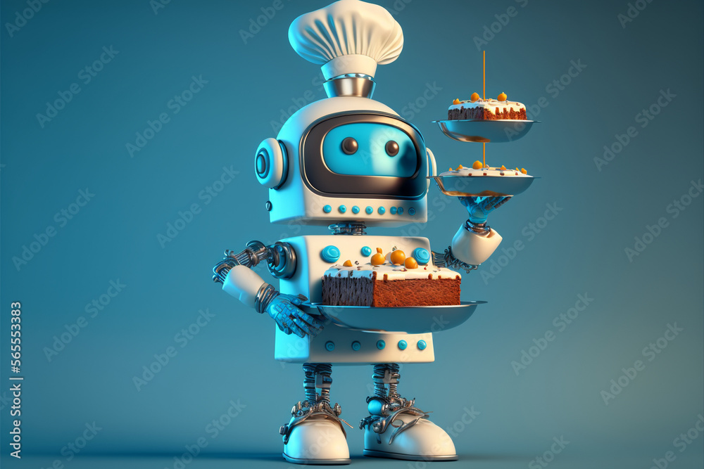 Robot cook holds the cake he cooked, android chef, technological ...