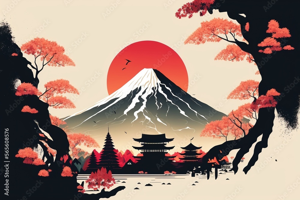 A huge Mount Fuji with a red sun setting behind it, black temples in ...