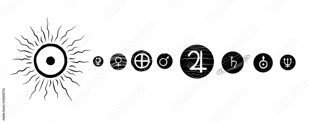 Solar system symbols of sun and planets in our solar system. Black and ...