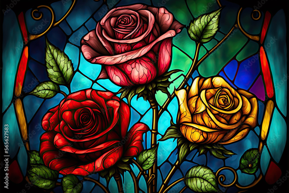 colorful stained glass roses, Generative AI Stock Illustration | Adobe ...