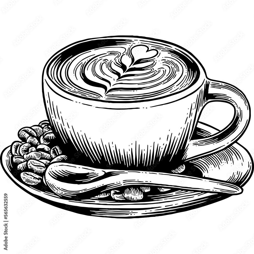 Hand drawn Cup of Coffee with Latte Art Sketch Illustration Stock ...