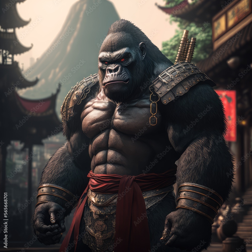 Portrait of a samurai gorilla in medieval village in Japan created with generative AI technology ...