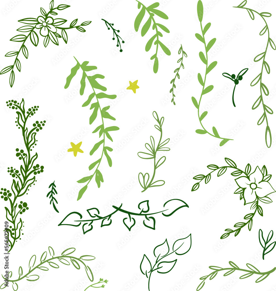 Set of hand drawn silhouette tree branches with laurel, oak and olive ...
