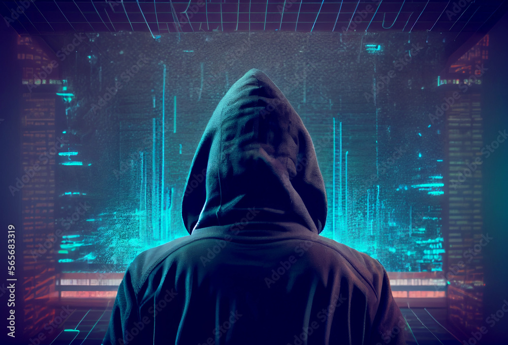 Dangerous hooded hacker breaks into data servers and infects their system with a virus. Dark ...