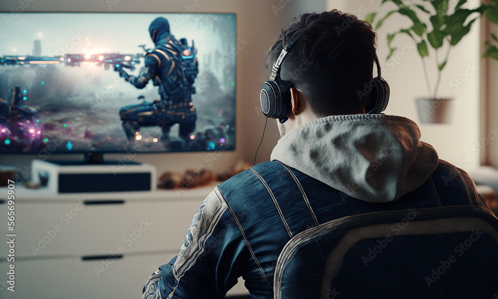 Man playing video games in his room. Back view of a gamer sitting in ...