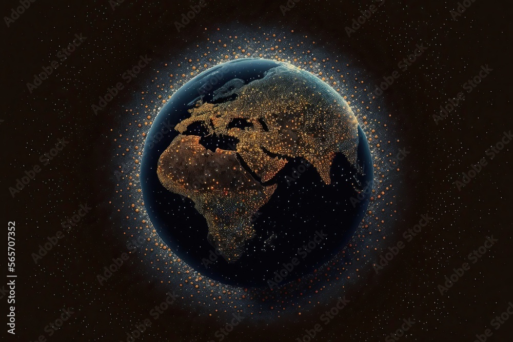 Earth from space surrounded by many tiny satellites, concept of space ...