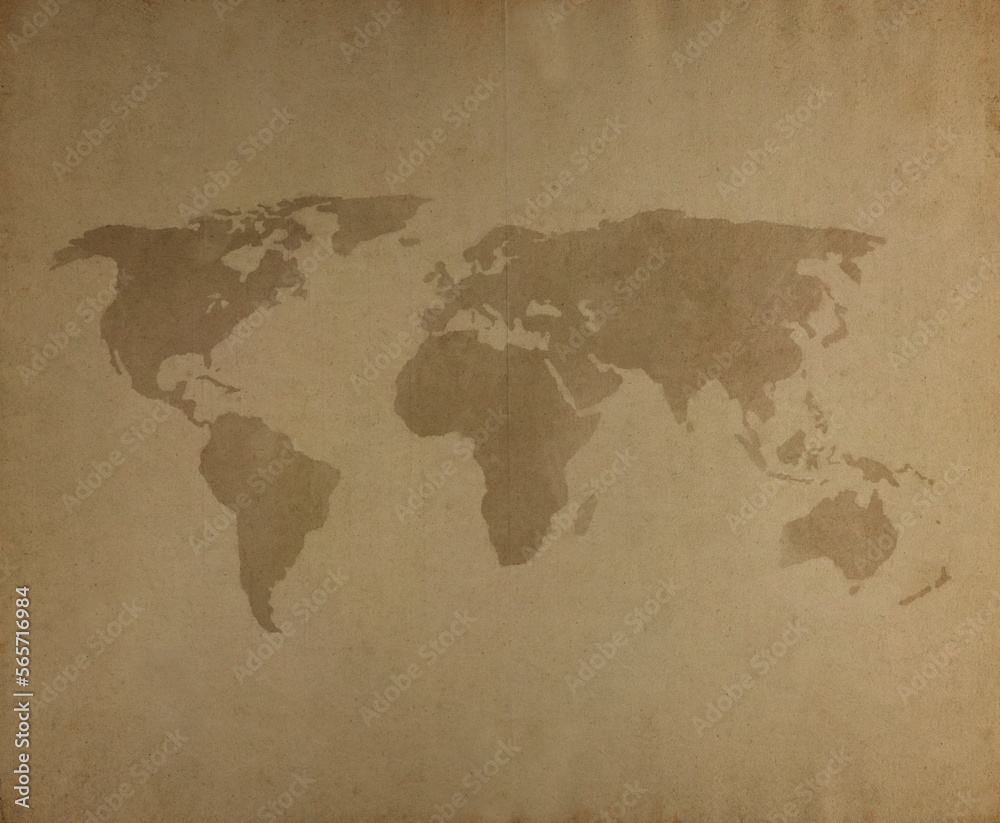 World map on a weathered and aged paper. High resolution full frame ...