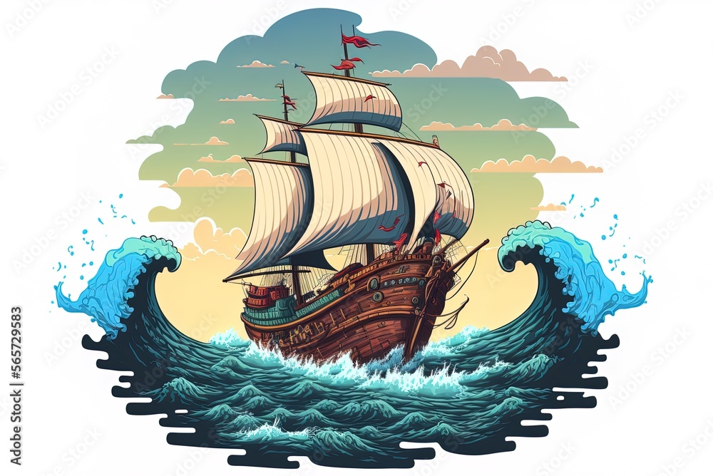 Animated animation and artwork of a pirate ship cruising the open seas ...
