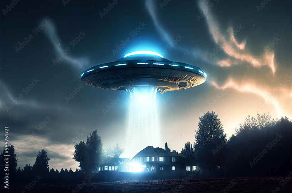 Flying extraterrestrial saucer UFO in the night sky. Alien abduction ...